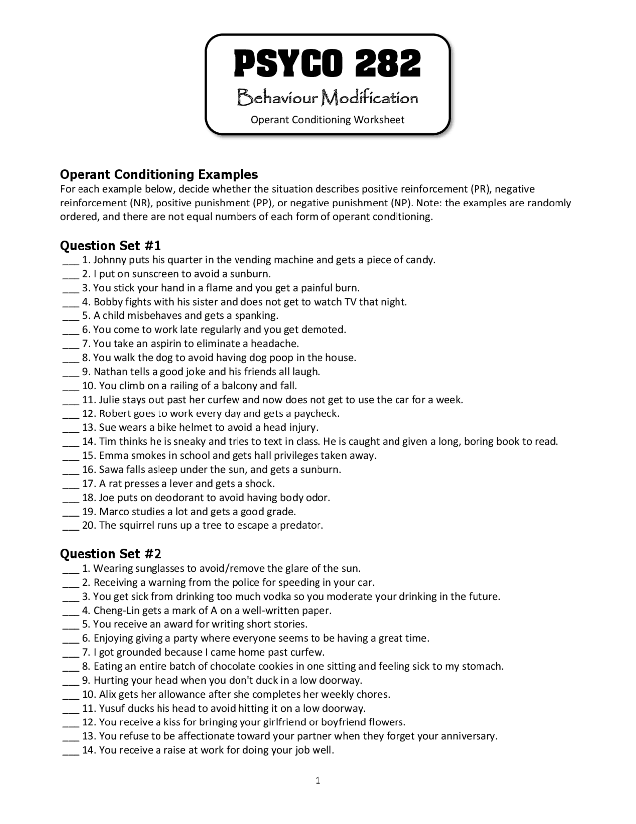 Operant Conditioning Examples Worksheet Answers – Examples Worksheet