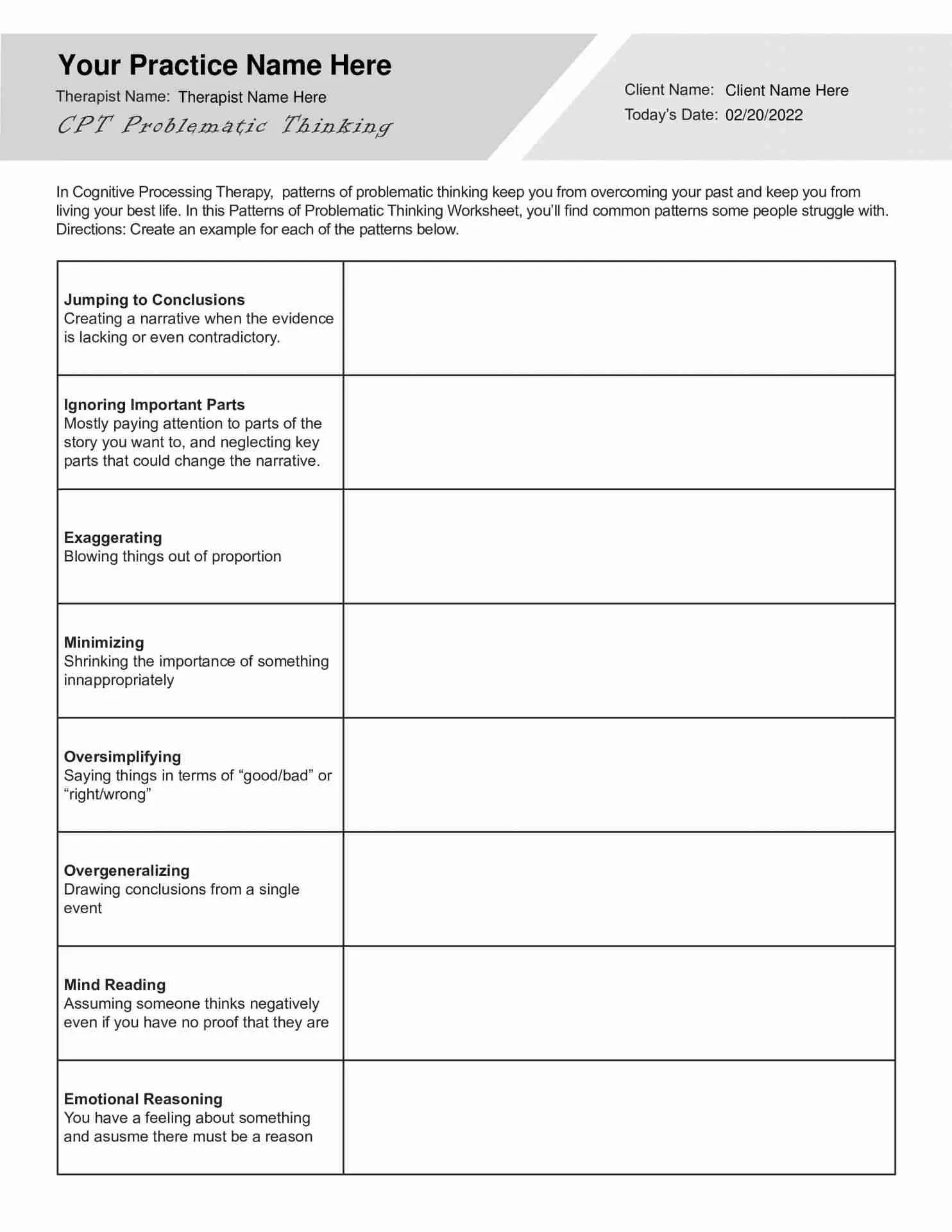 Patterns Of Problematic Thinking Worksheet Examples - Printables Free ...